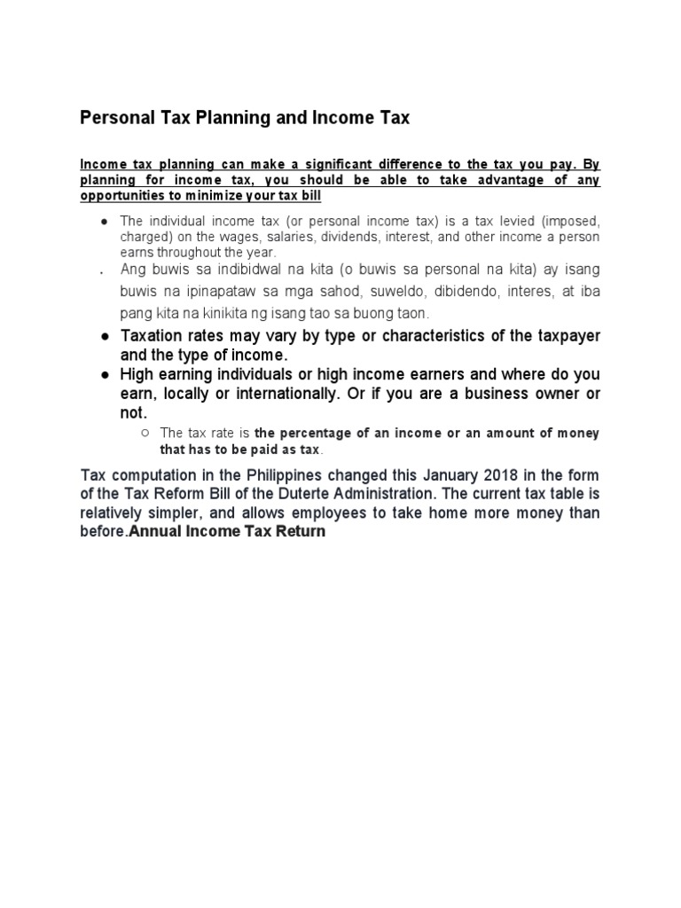 (LECTURE NOTES) TOPIC #6 - Individual Tax Planning and Management | PDF ...