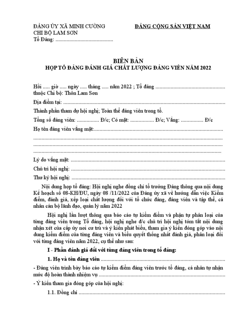Bien Ban Hop To Dang Danh Gia Chat Luong Dang Vien Cuoi Nam 1 | PDF