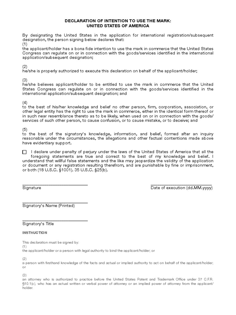 Declaration of Intention To Use The Mark | PDF | Intellectual Property Law | Civil Law (Common Law)