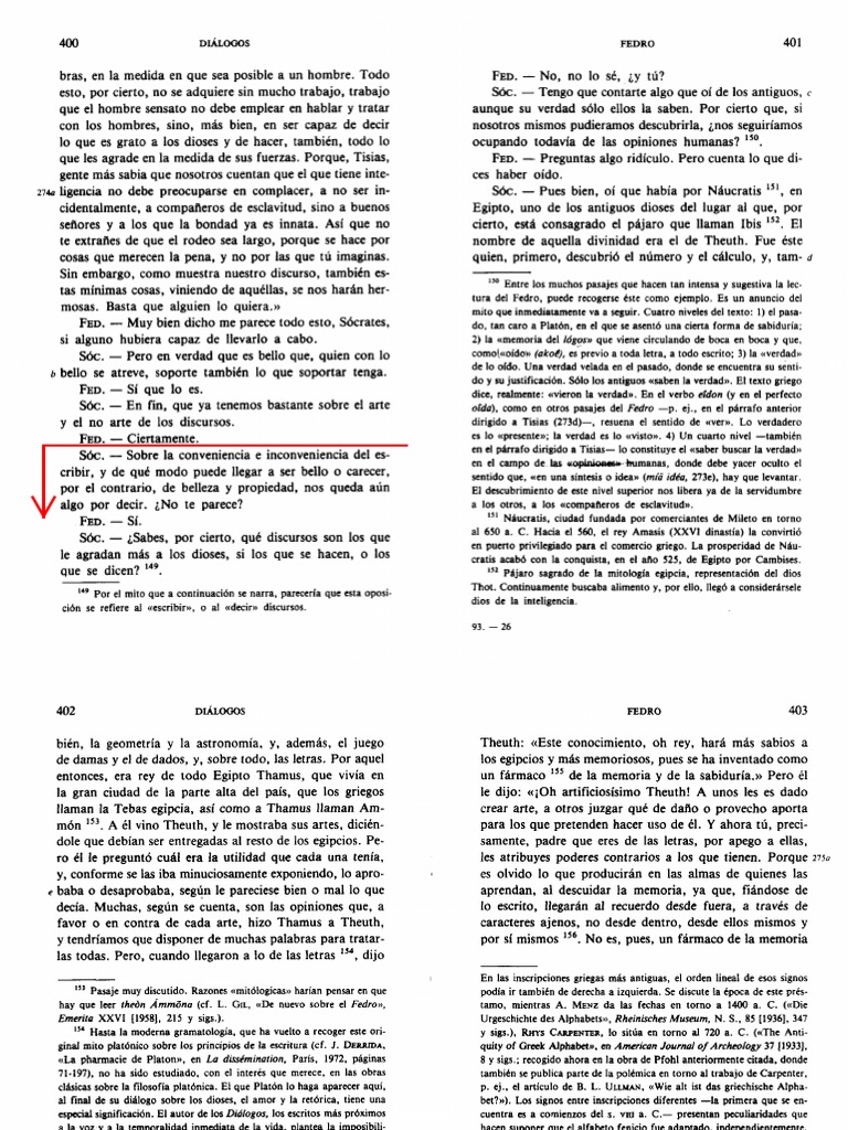 Mito de Theuth. Platón, Fedro, 274b - 277a | PDF | Verdad | Platón