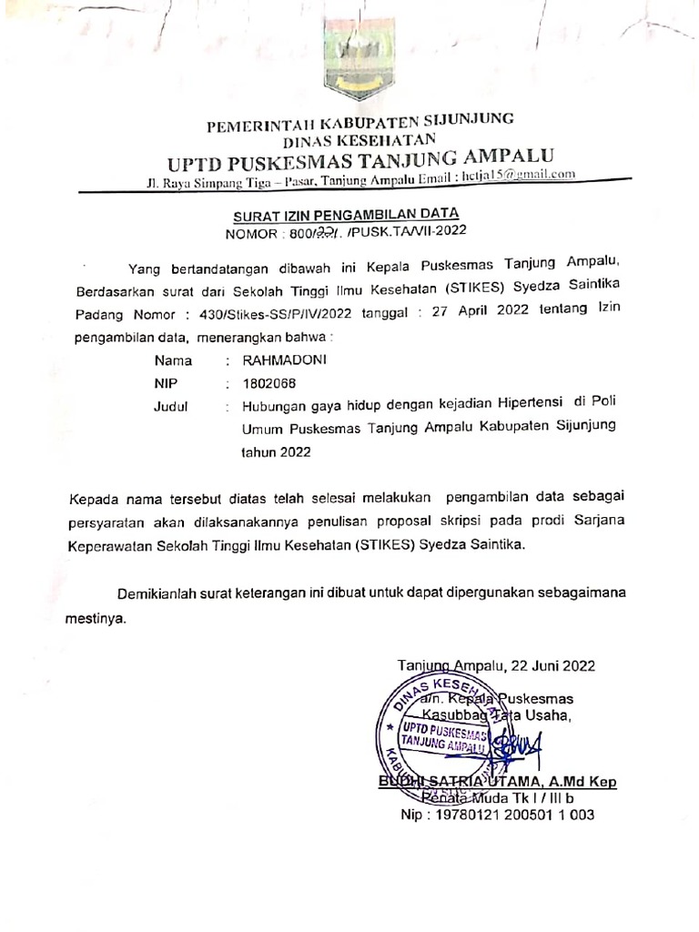 Surat Balasan Izin Pengambilan Data Dari Puskesmas | PDF Surat Balasan Izin Pengambilan Data Dari Puskesmas | PDF