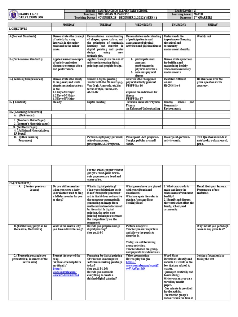 DLL - Mapeh 6 - Q2 - W4 | PDF | Paintings | Learning