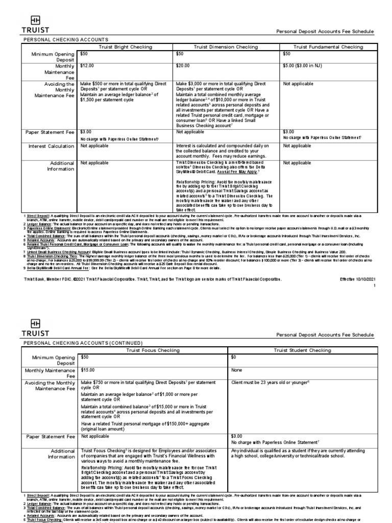 Truist Personal Deposit Accounts Fee Schedule | PDF | Transaction ...