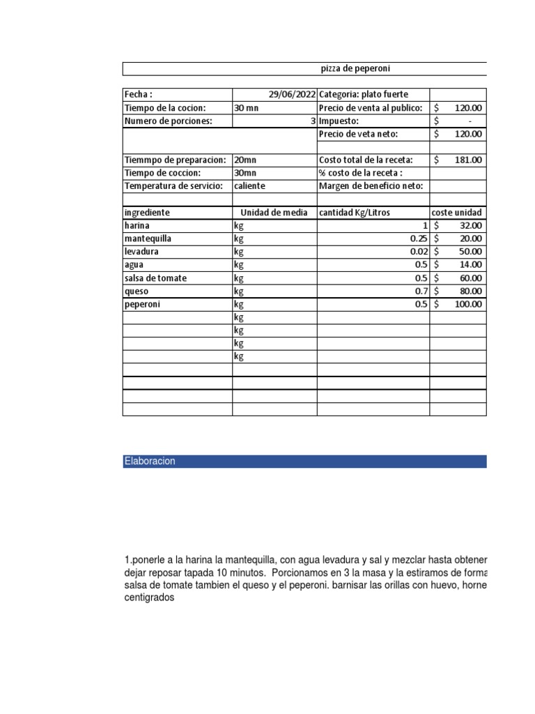 Ficha Tecnica de Pizza de Peperoni | PDF | Pizza | Nutrición
