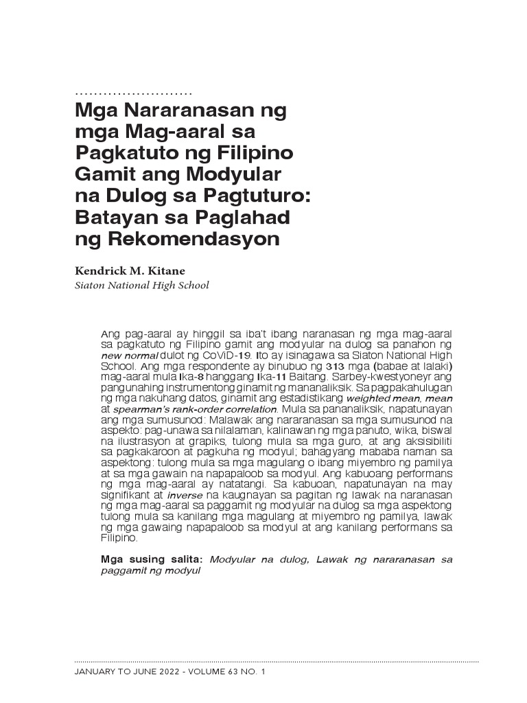Mga Nararanasan NG Mga Mag-Aaral Sa Pagkatuto NG Filipino Gamit Ang Modyular Na Dulog Sa ...