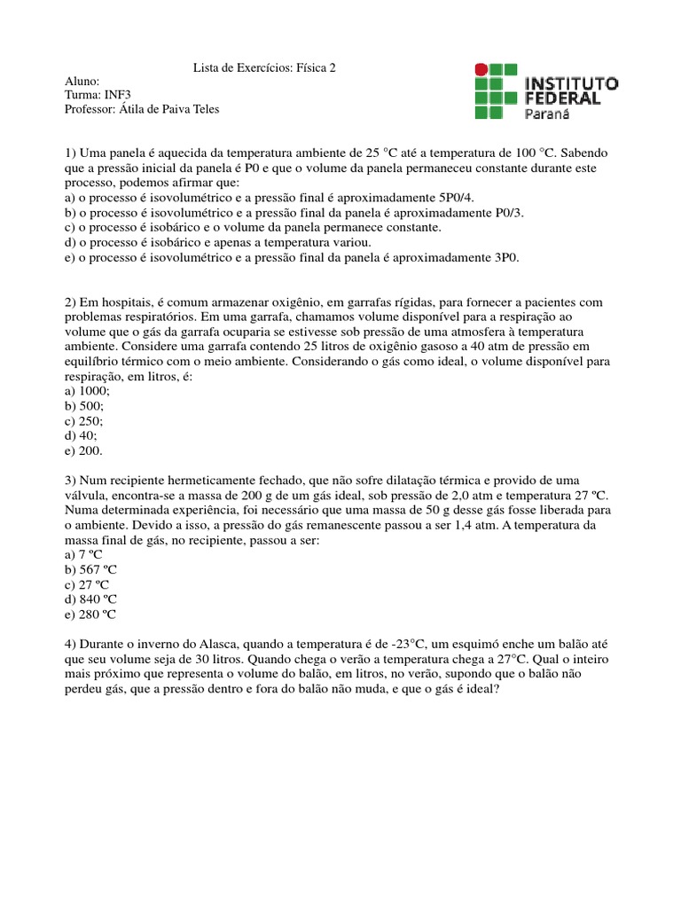 Lista de Exercícios - 3bim - INF | PDF | Gases | Temperatura