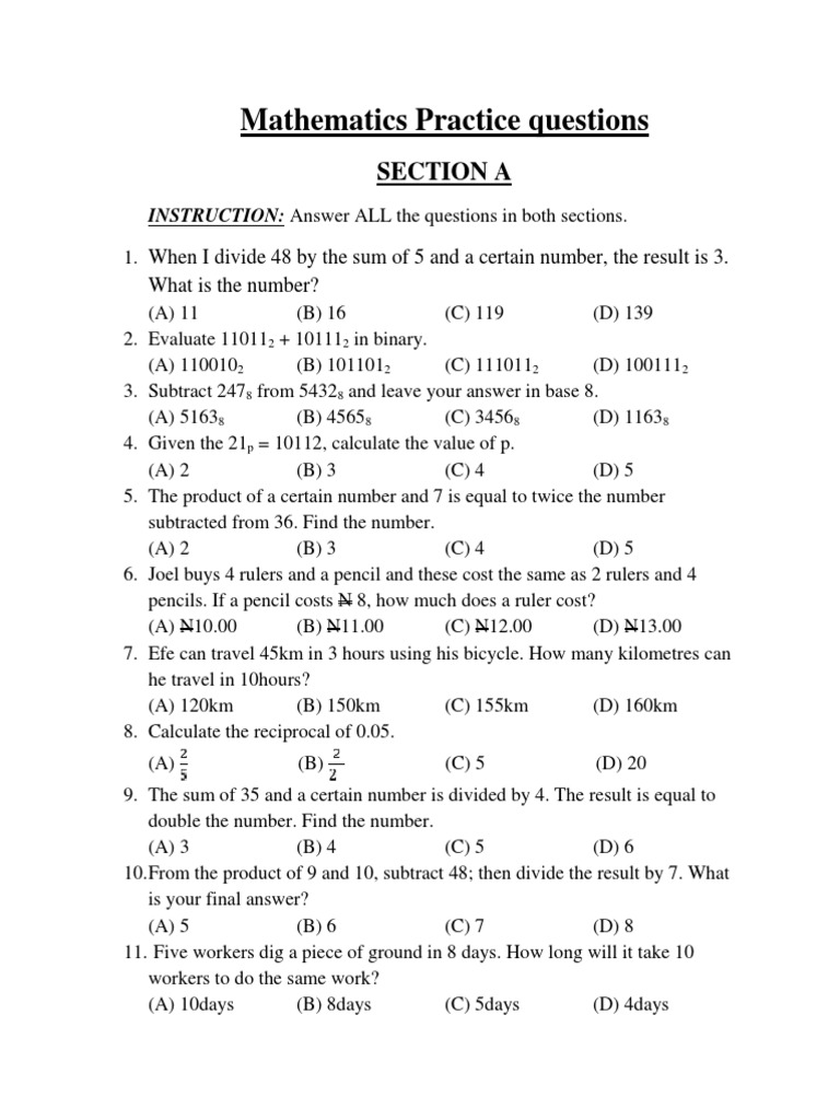 SS1 Maths Practice Questions | PDF | Decimal | Mathematics
