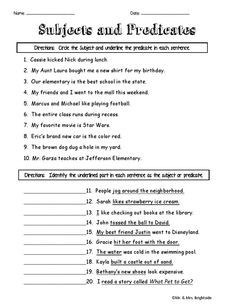 Identifying Subjectsand Predicates Worksheet | PDF | Games & Activities