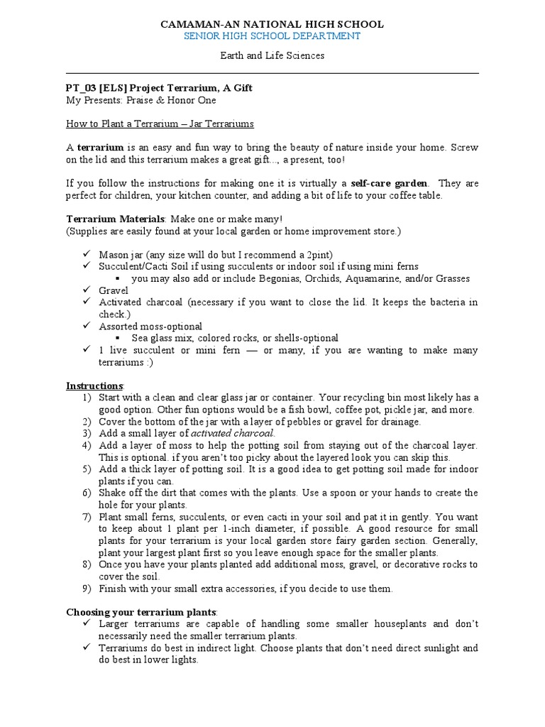 Earth & Life Science: Project Terrarium, A Gift | PDF | Plants | Houseplant