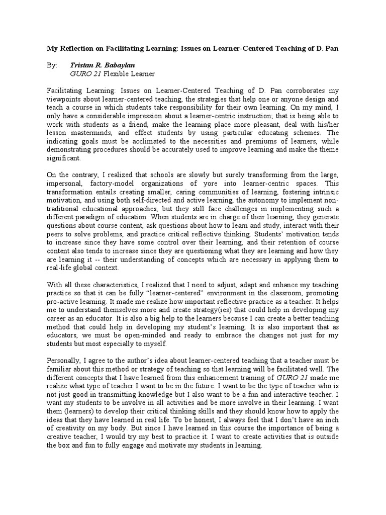 Facilitating Learning, Issues On Learner-Centered Teaching of D. Pan (My Reflection) | PDF ...