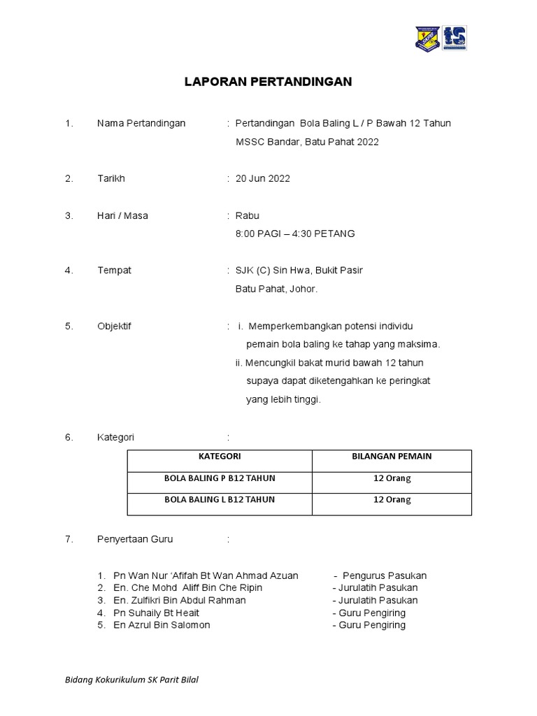 Laporan Pertandingan Bola Baling MSSC Bandar 2022 | PDF