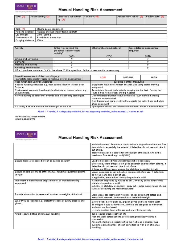 Example Manual Handling Risk Assessment - Moving Equipment | PDF