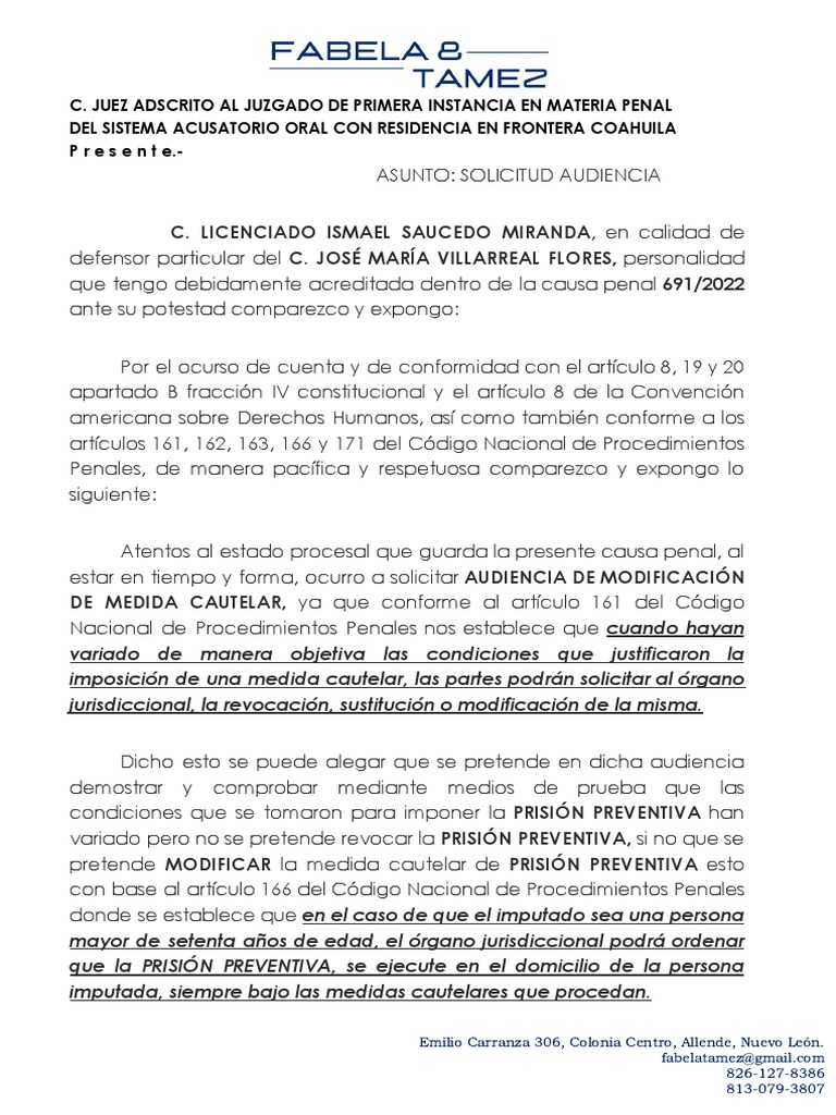 Escrito Solicitud Audiencia | PDF | Mandato | Procedimiento Criminal