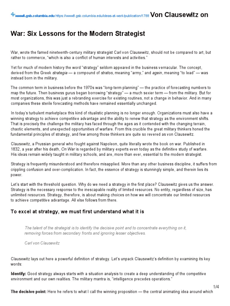 Von Clausewitz On War Six Lessons For The Modern Strategist | PDF