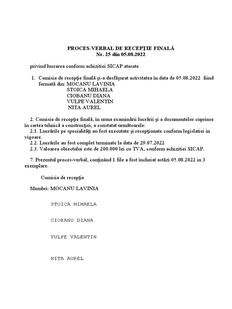Proces Verbal de Receptie Finala | PDF