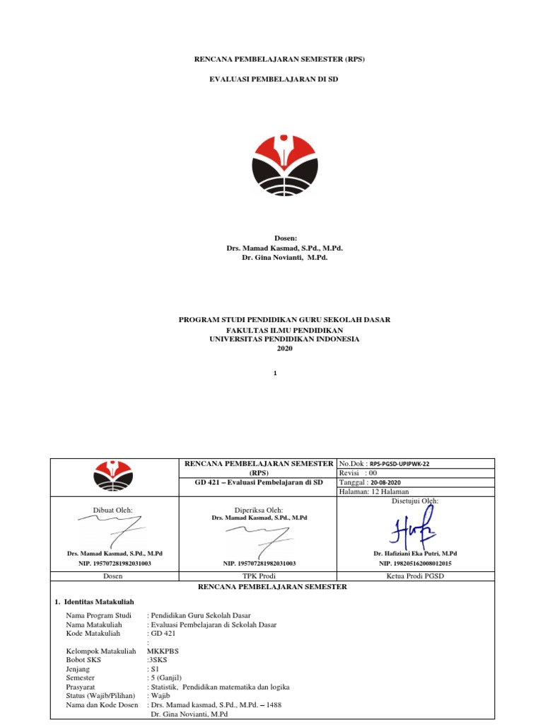 RPS Evaluasi Pembelajaran Di SD-2020 | PDF