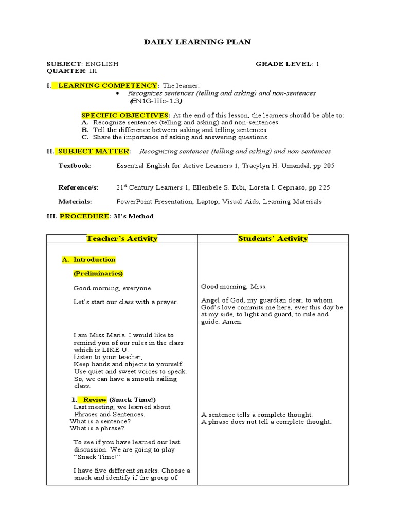 Detailed Lesson Plan | PDF | Question | Learning