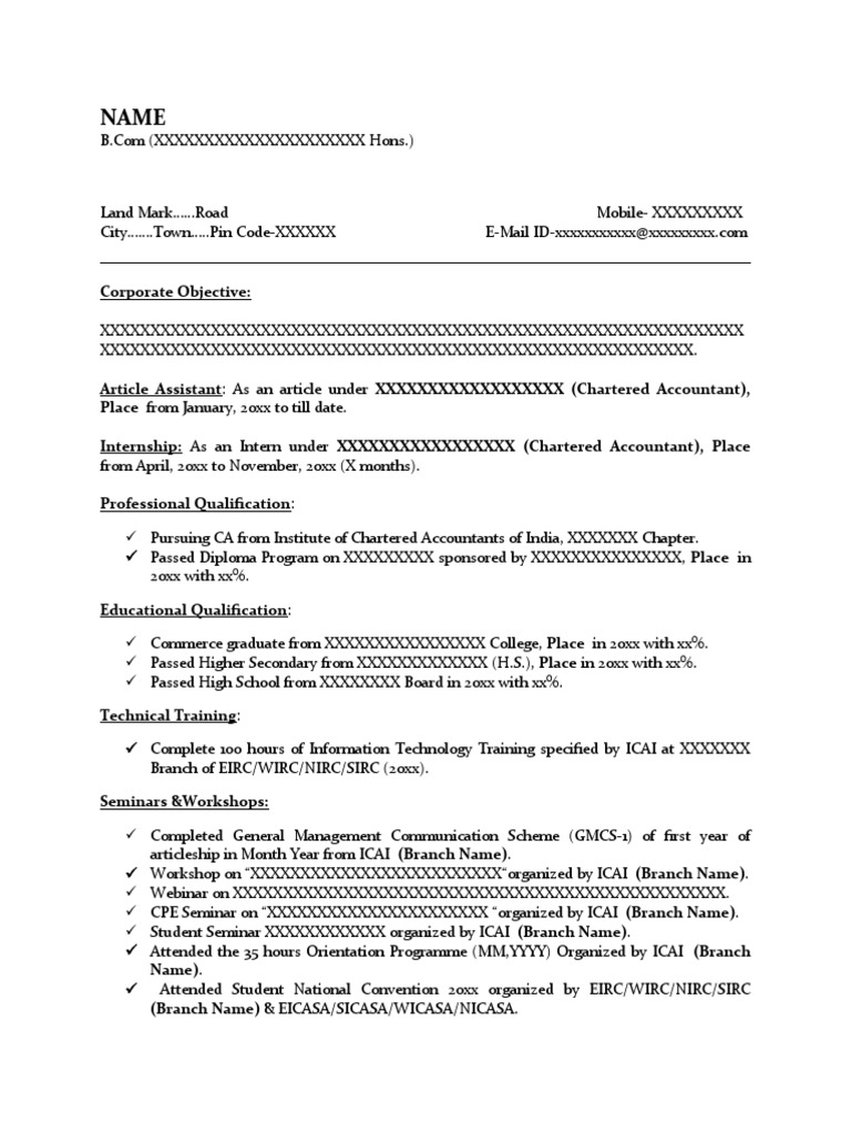 Cv Sample For Ca Article Assistant Knowledge Pdf Qualifications 1234