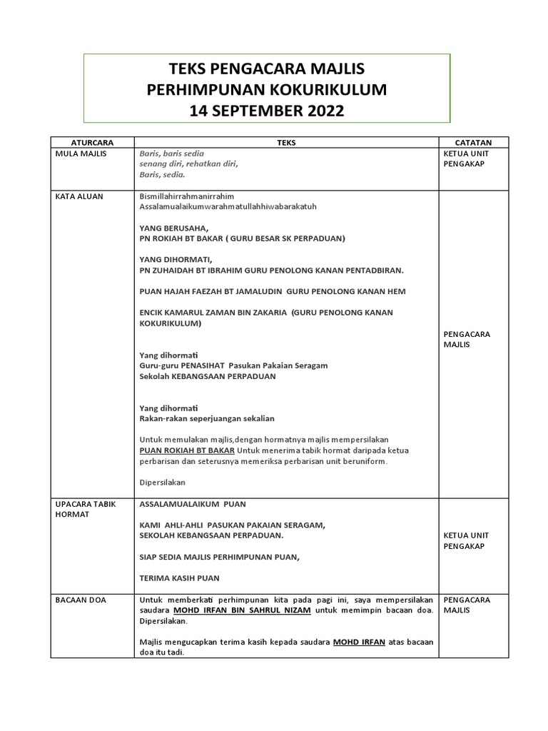 Teks Pengacara Majlis Perhimpunan Koko 2022 | PDF