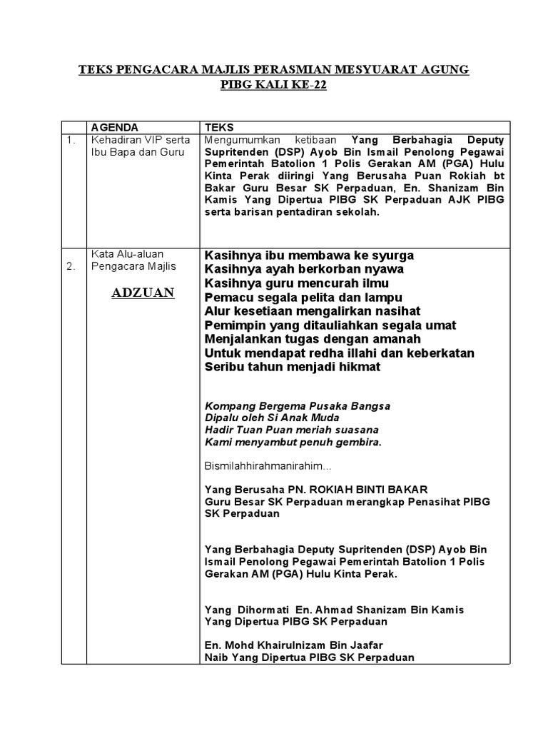 Teks - Pengacara - Majlis - Perasmian - Mesyuarat - Agung - Pibg - Kali - Ke - 22 2022 | PDF