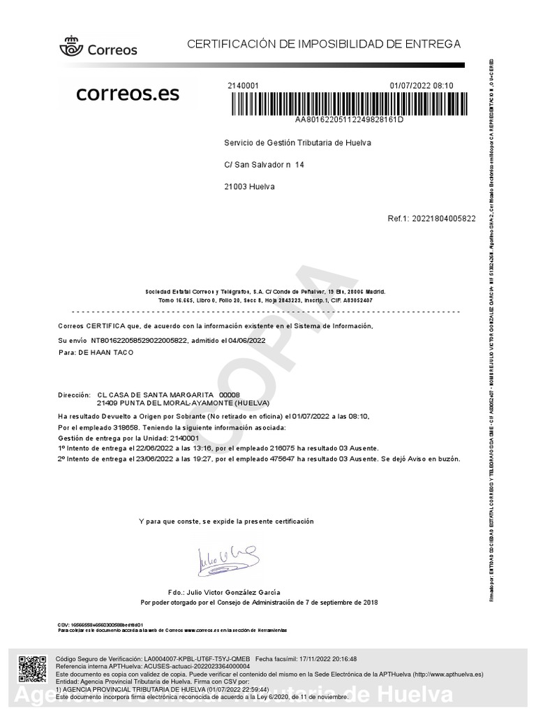 Certificación de Entrega Fallida Correos | PDF