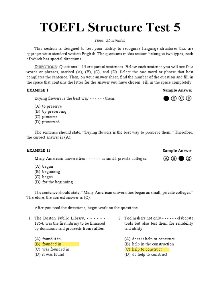 TOEFL Structure Test 5 | PDF