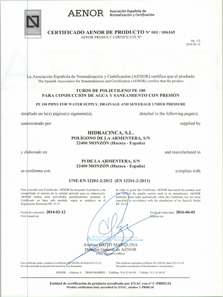 Certificado Tuberia Pe | PDF