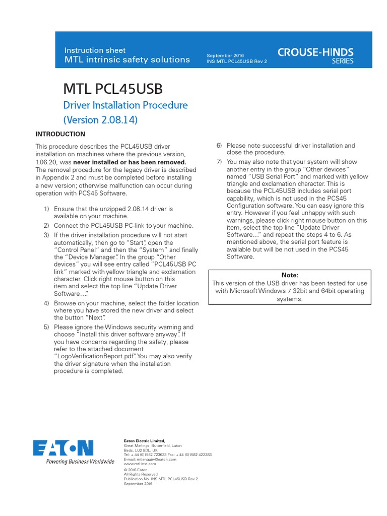 Crouse Hinds MTL PCL45USB Driver Installation Guide | PDF | Computer File | Device Driver