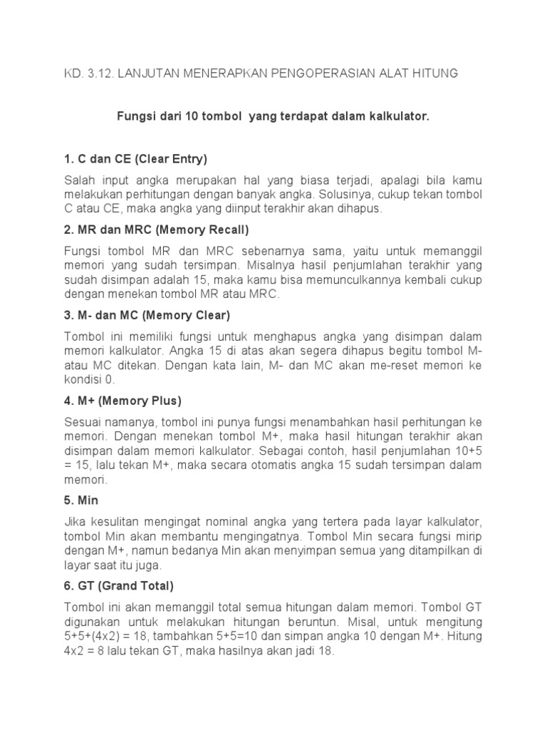 Lanjutan 2 KD 3.12. Fungsi Tombol Kalkulator | PDF