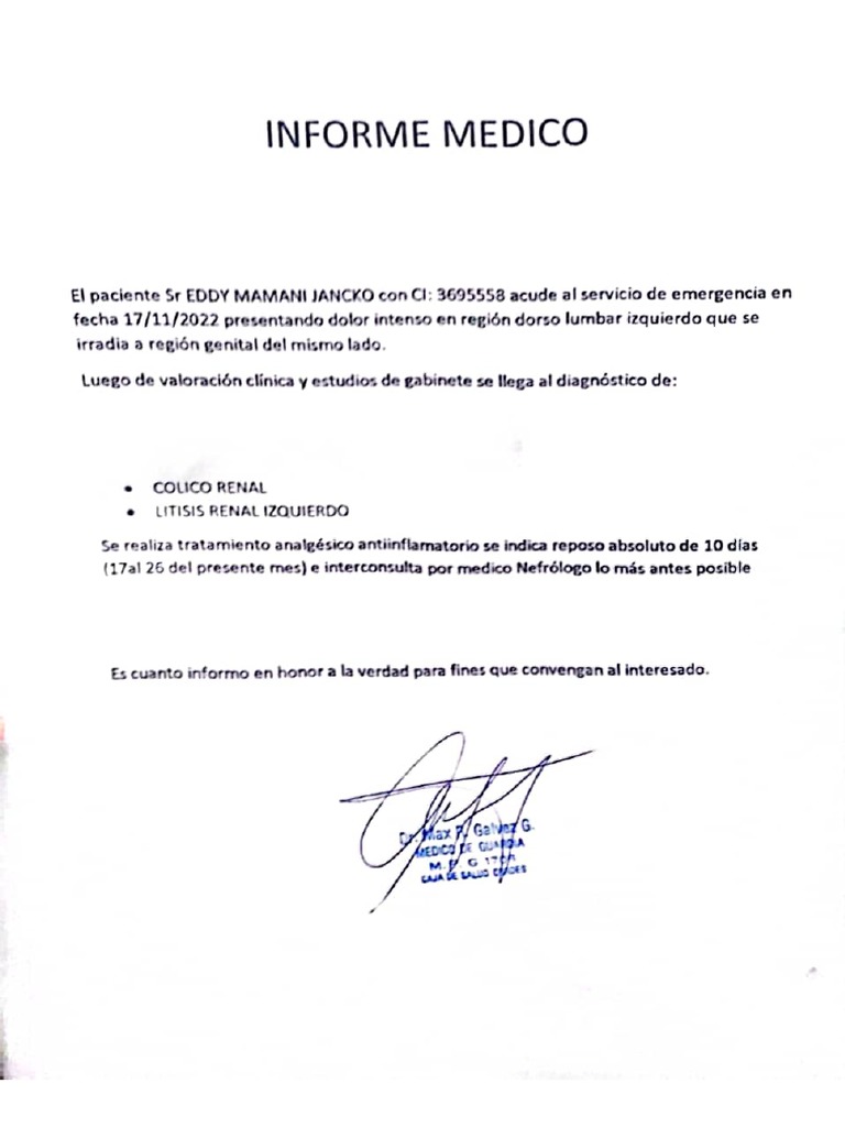 Informe Medico Eddy Mamani | PDF