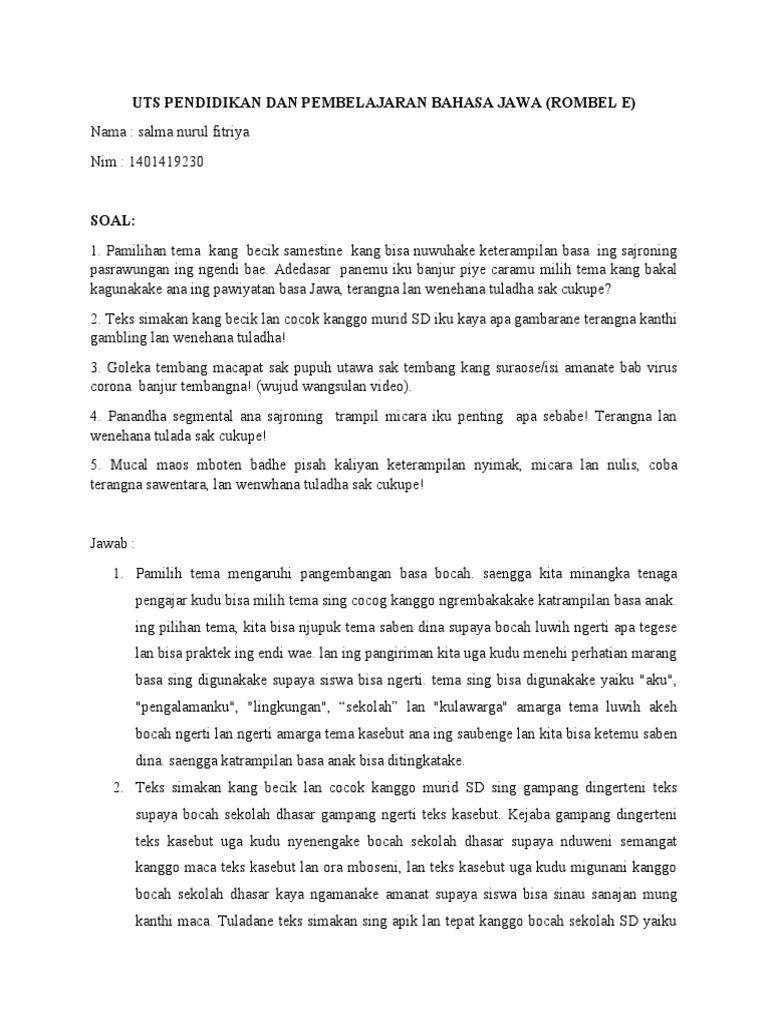 Uts Pendidikan Dan Pembelajaran Bahasa Jawa | PDF