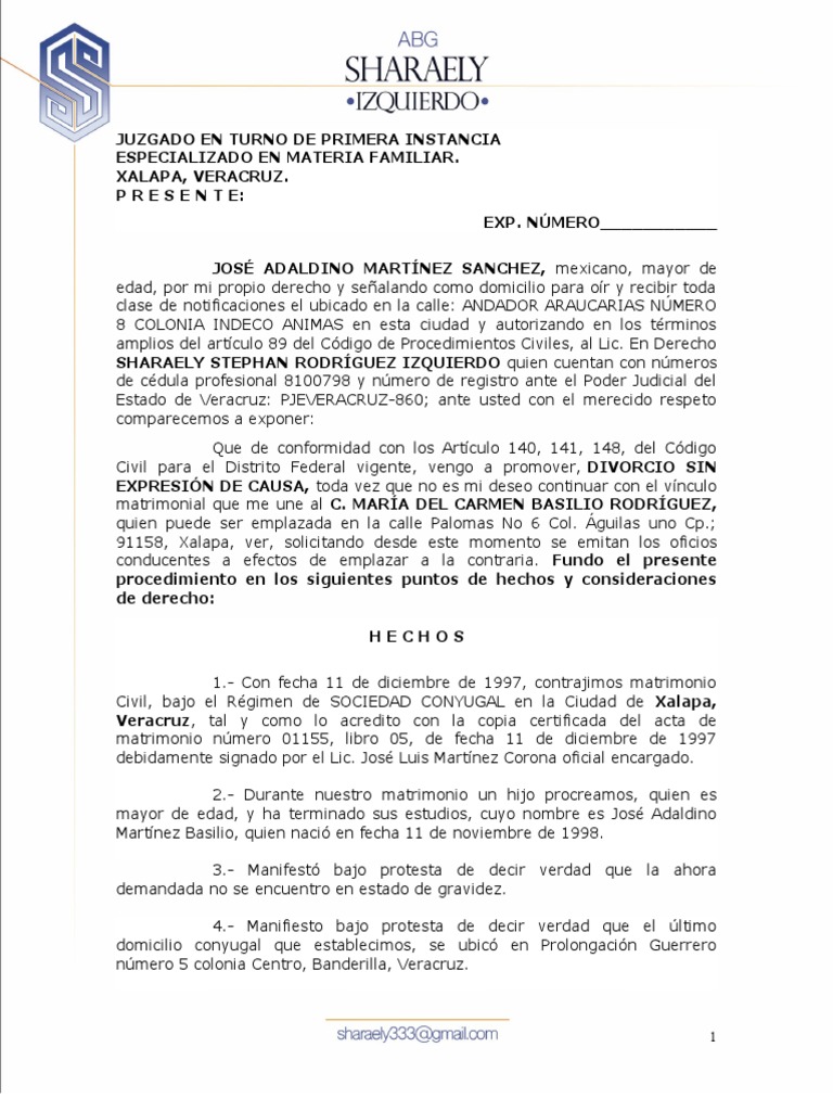 Escrito Inicial de Demanda Divorcio | PDF | Divorcio | Caso de ley