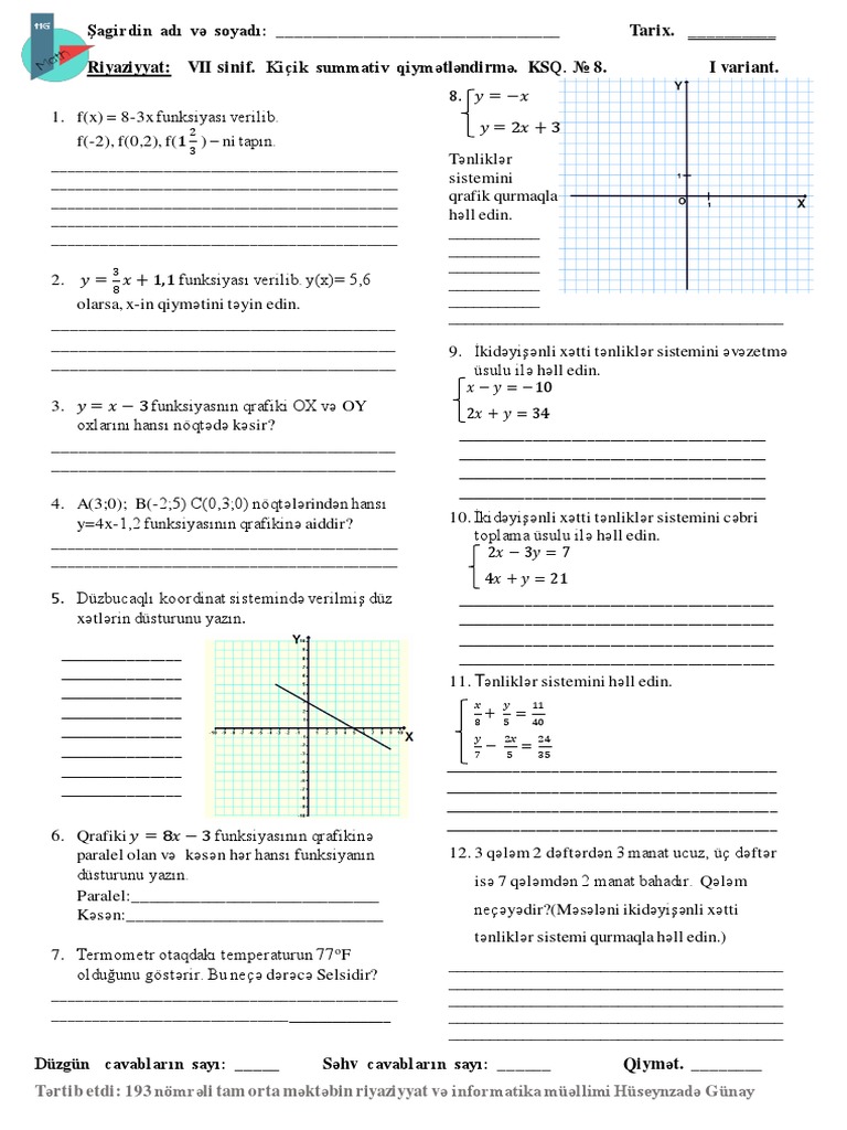 7 S. Riyaziyyat. KSQ 8. I-II Variant (HG) . | PDF