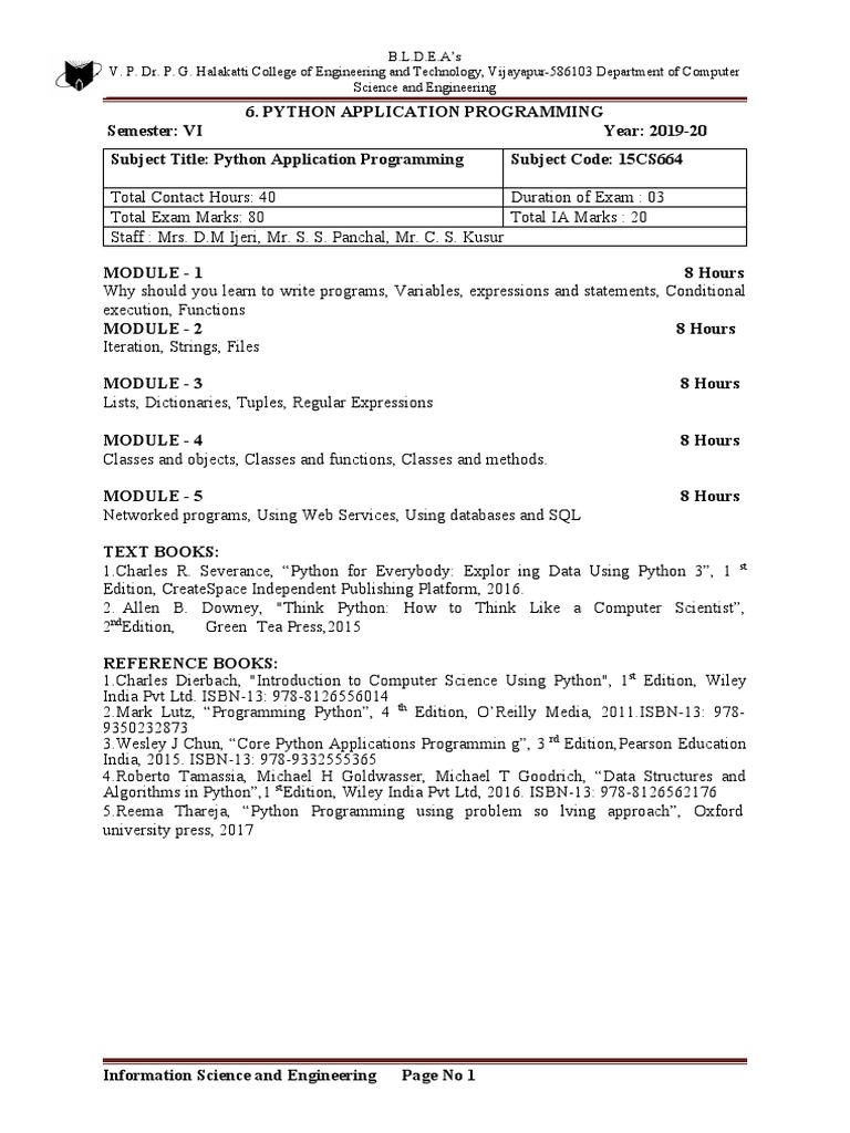 Python Application Programming 17cs664 Even Sem 2019 20 6th Sem Pdf Programming Computer