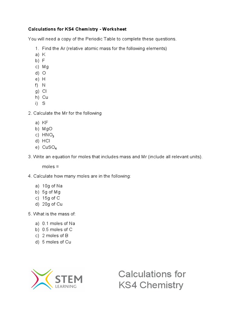 Worksheet Chemistry Calculations ks4 | PDF | Mole (Unit) | Concentration