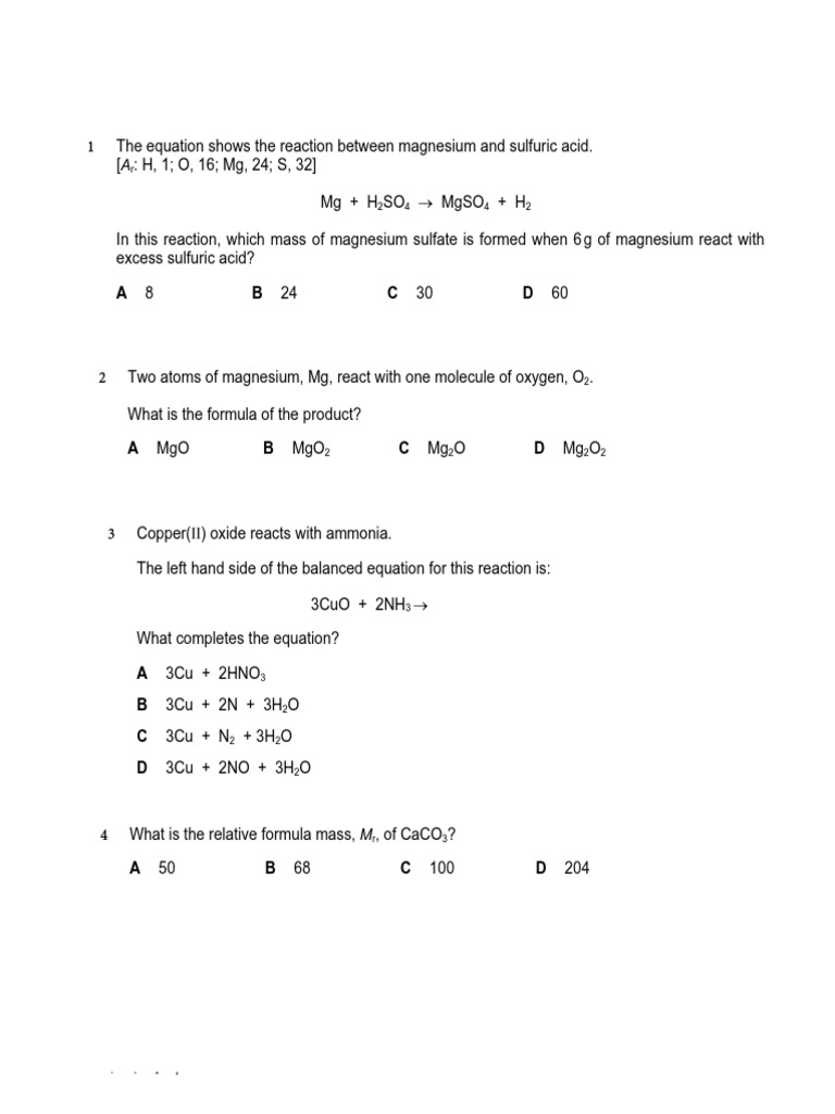 Stoichiometry (Multiple Choice) QP | PDF | Magnesium | Molecules