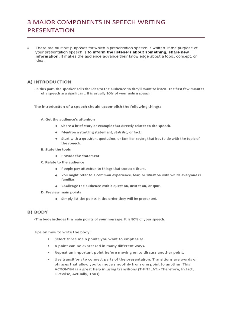 3 Major Components in Speech Writing Presentation | PDF