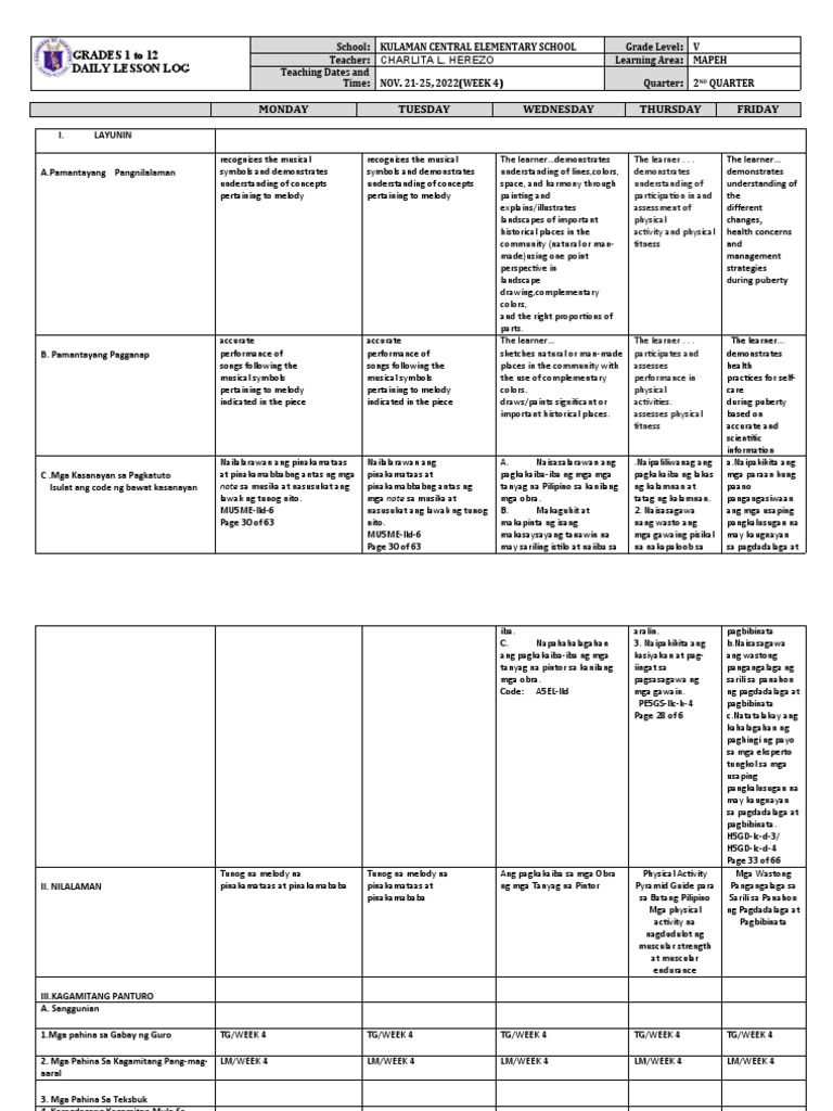 DLL - Mapeh 5 - Q2 - W4 | Download Free PDF | Learning | Behavior Modification
