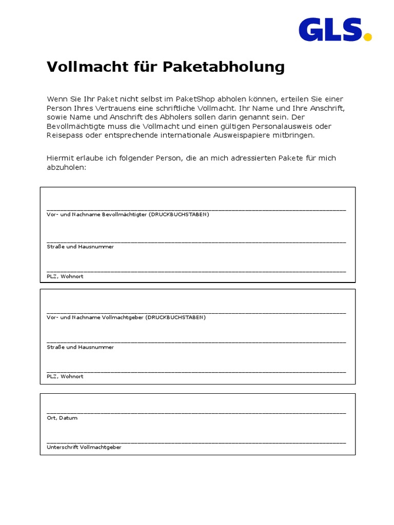 Vollmacht Fuer Paketabholung | PDF