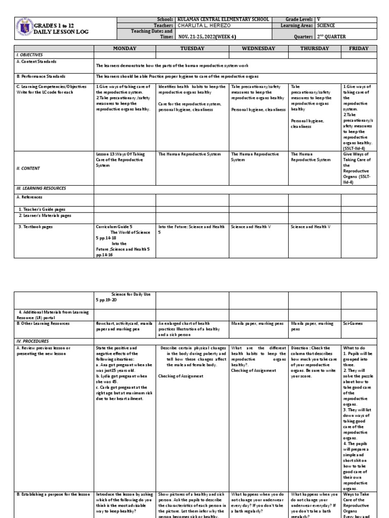DLL - Science 5 - Q2 - W4 | PDF | Hygiene | Health Sciences