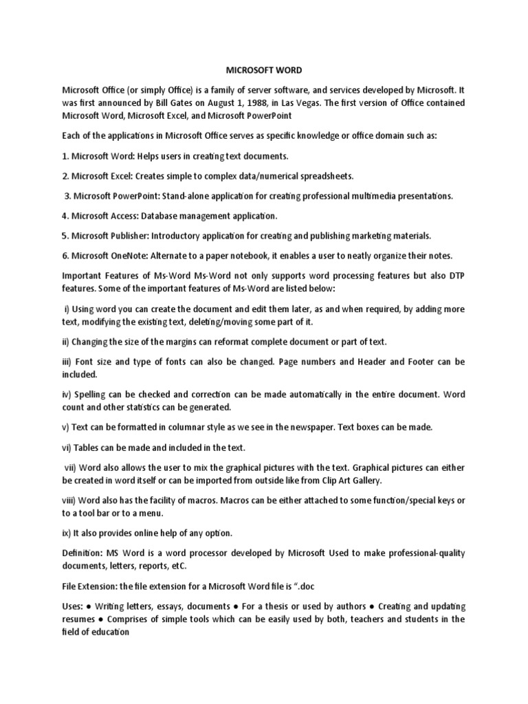 MICROSOFT WORD Notes | PDF | Microsoft Word | Microsoft Office
