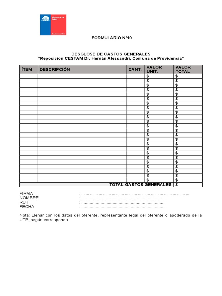 Formulario #10 DESGLOSE DE GASTOS GENERALES | PDF