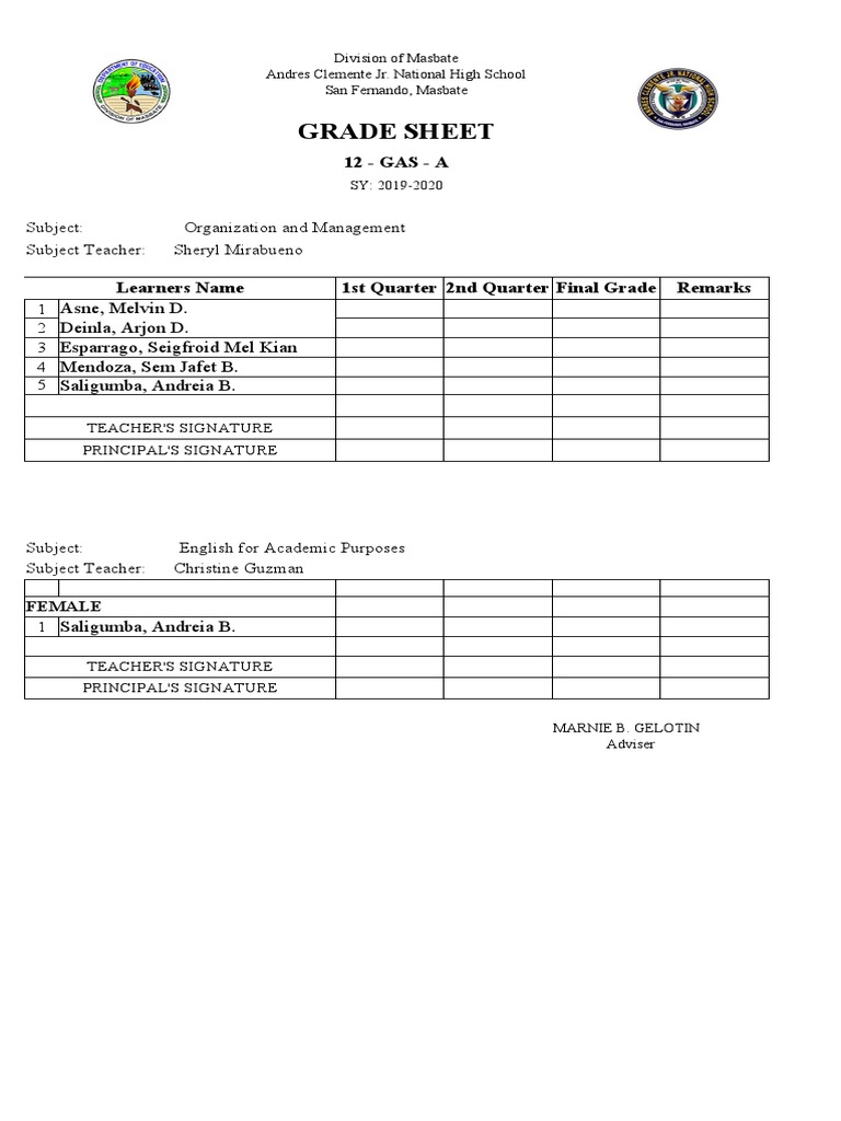 Grade Sheet 2019-2020 | PDF