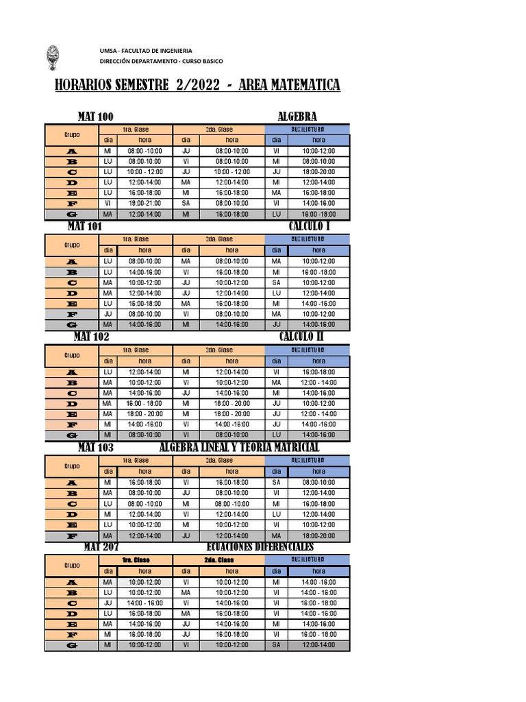 Horario Mat - 1 | PDF
