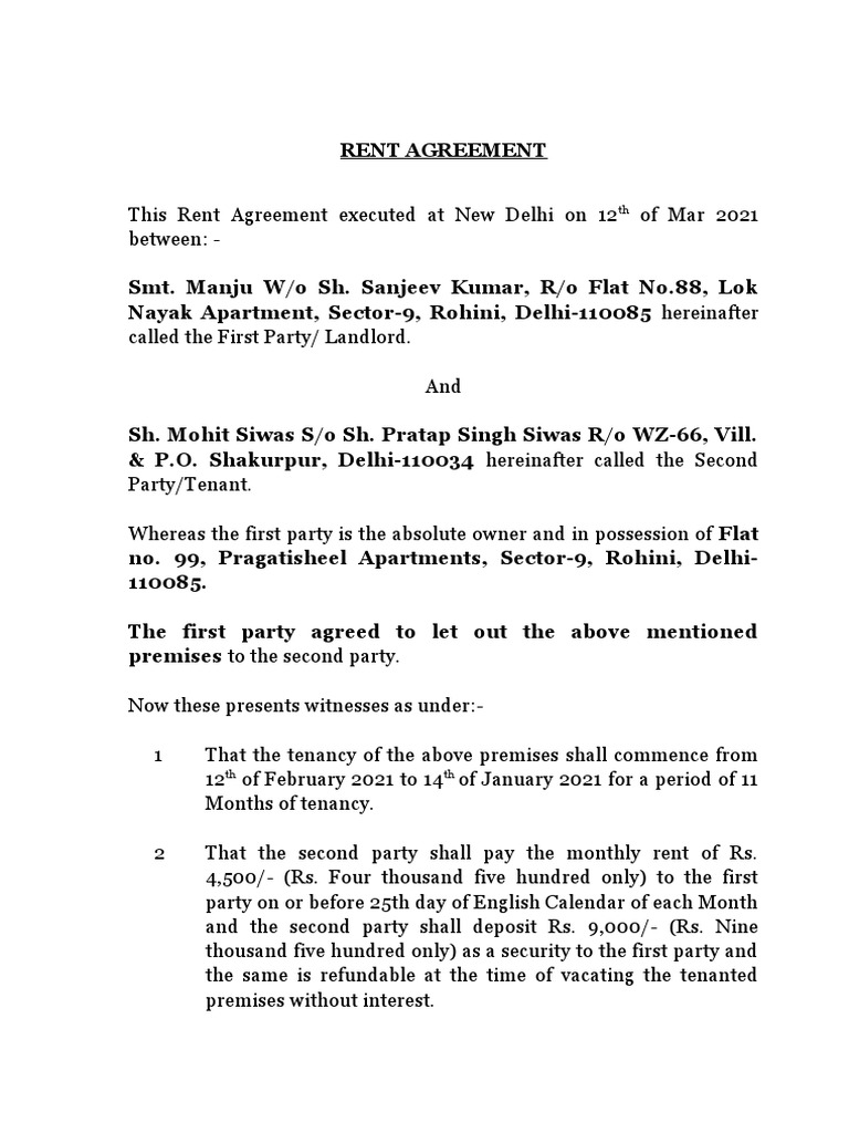 Standard Residential Rent Agreement Between Landlord Manju and Tenant ...