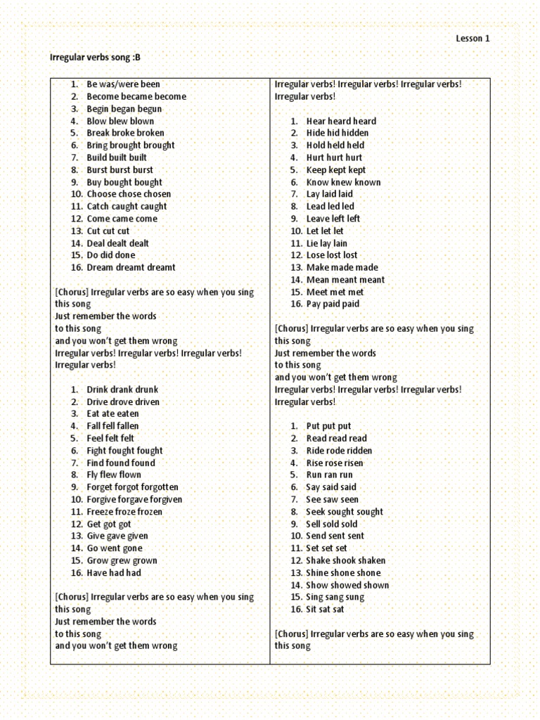 Irregular Verbs Song Pdf Language Arts Discipline Art