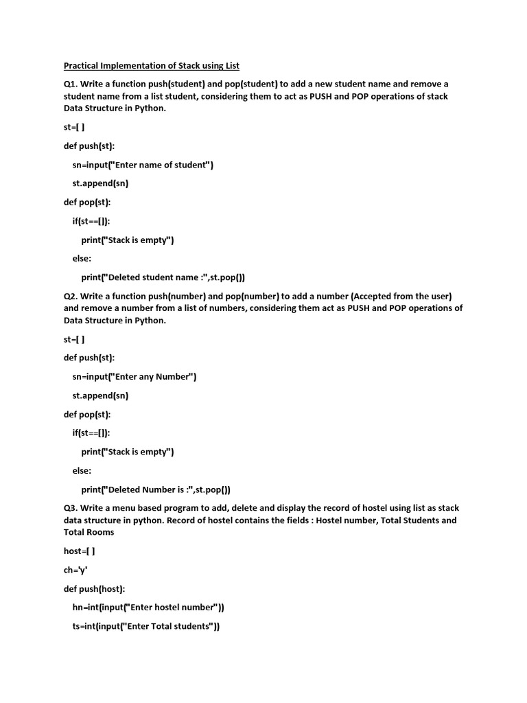 Practical Implementation of Stack Using List | Download Free PDF | Data ... Practical Implementation of Stack Using List | Download Free PDF | Data ...