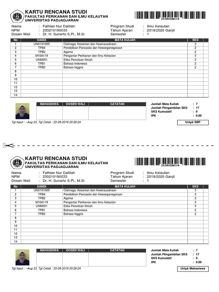 Kartu Rencana Studi: Fakultas Perikanan Dan Ilmu Kelautan Universitas Padjadjaran | PDF