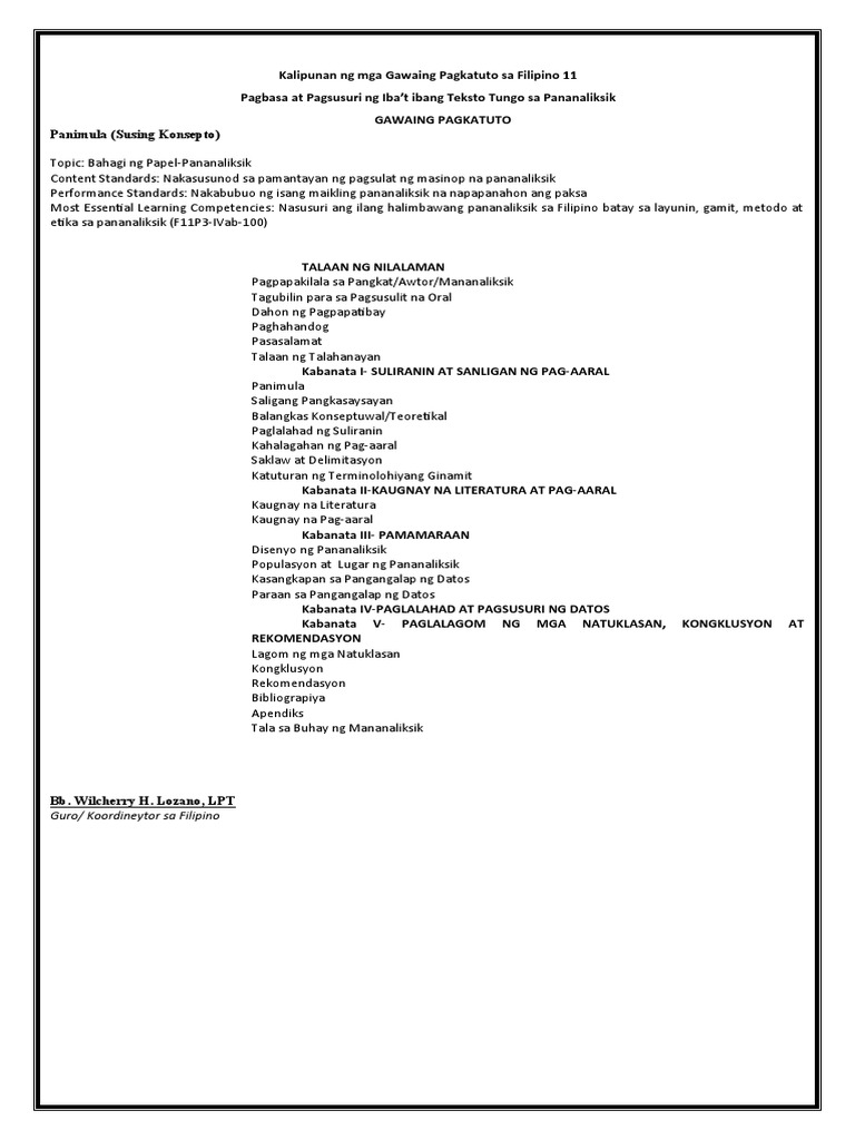 Karaniwang Balangkas NG Pananaliksik | PDF