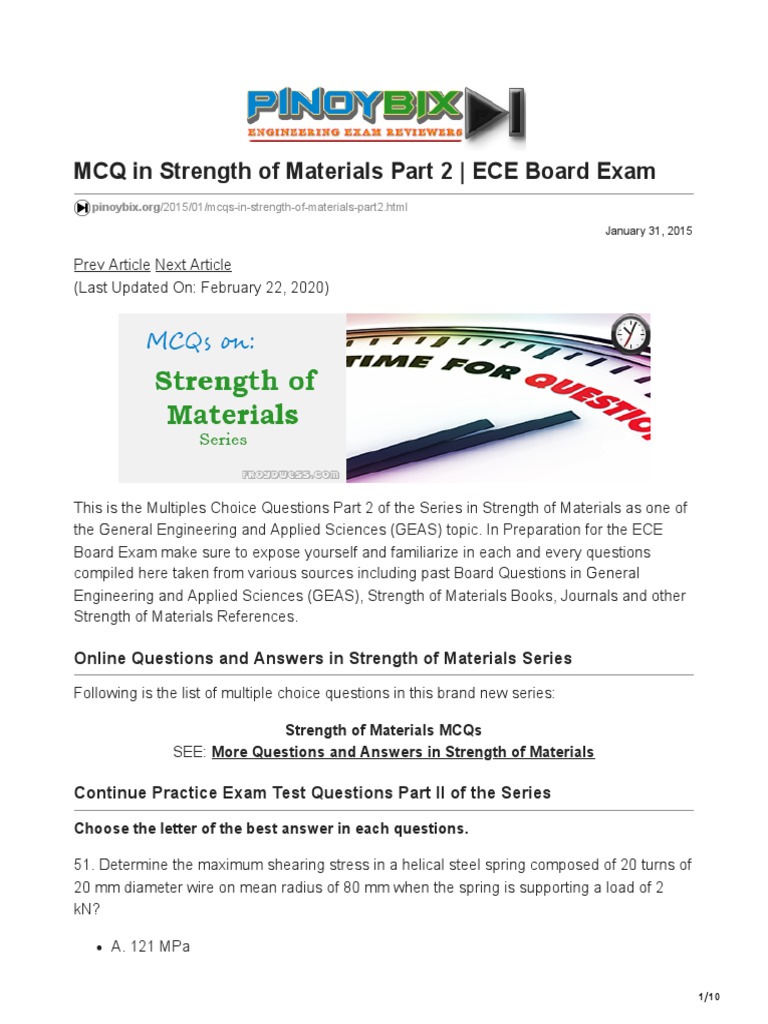 MCQ in Strength of Materials Part 2 ECE Board Exam | PDF | Deformation ...